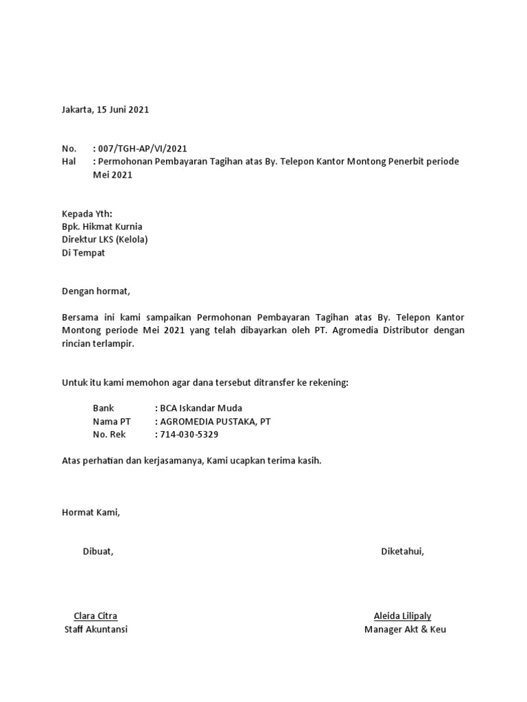Surat Tagihan Keluar (Biaya Telkom BLN Mei 2021 - Montong) | PDF