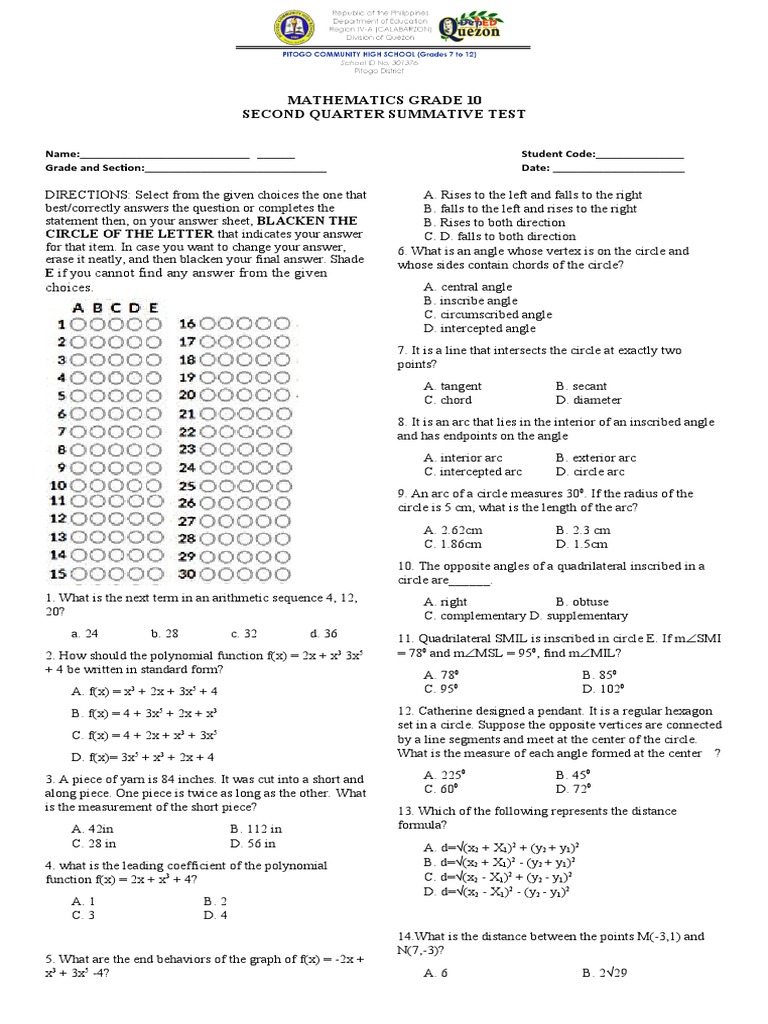 2ND Quarter Math 10 SUMMATIVE | PDF | Circle | Angle