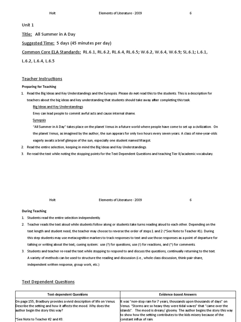 All Summer in A Day. Lesson - Anthology | PDF | Cognitive Science ...