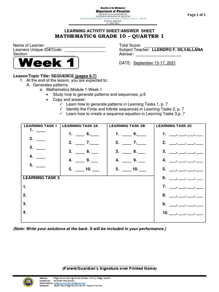 Las As Jhs SLM Math10 q1 w1 Lfs | PDF | Learning | Mathematics