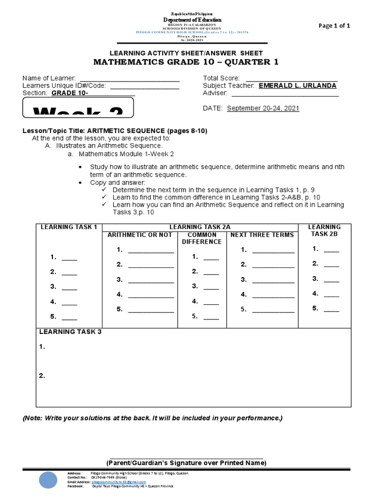 Las As Jhs SLM Math10 q1 w2 | PDF | Mathematics | Learning