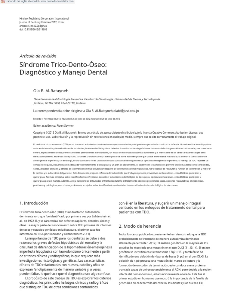 Tricho Dento Osseous Syndrome Diagnosis - En.es | PDF