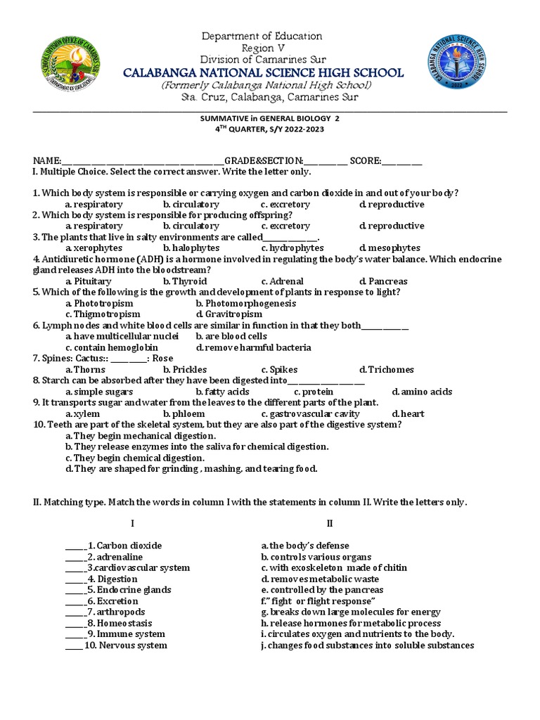 General Biology 2 Summative Assessment | PDF | Digestion | Human Body