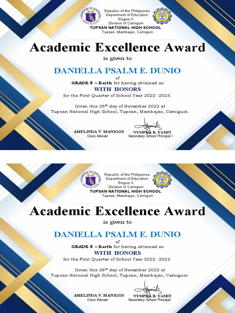 Academic Excellence Award Certificate