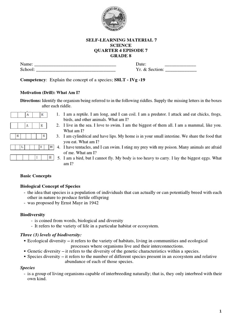Science 8 Q4 Episode 7 SLM | PDF | Species | Biodiversity