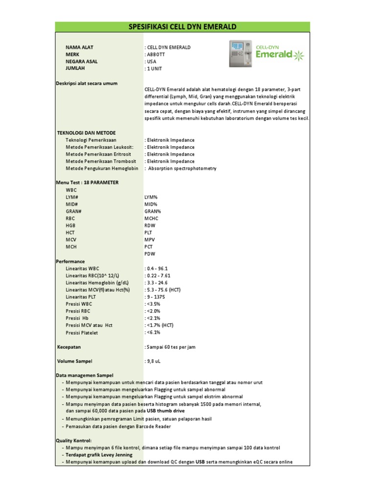 Spesifikasi Alat Cell Dyn Emerald | PDF | Teknologi & Rekayasa