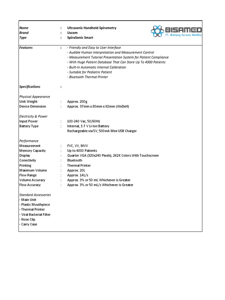 SpiroSonic Smart Specification | PDF