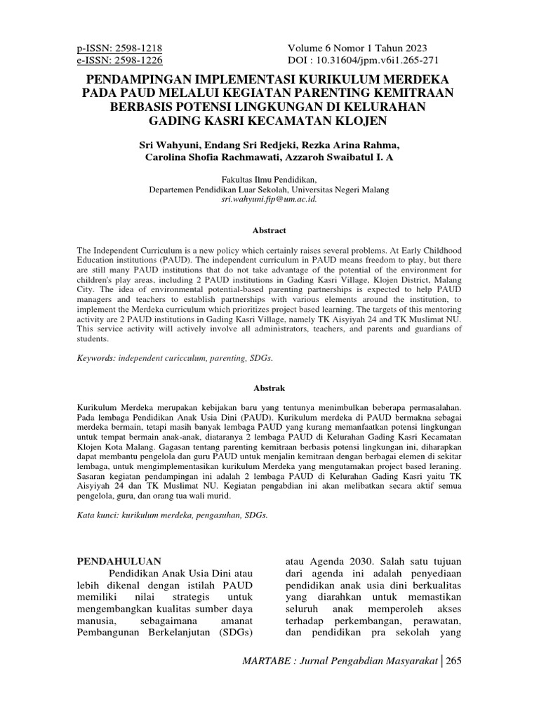 PENDAMPINGAN IMPLEMENTASI KURIKULUM MERDEKA PADA PAUD MELALUI KEGIATAN ...
