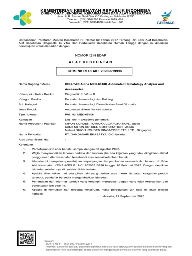 AKL Celltac Alpha MEK-6510K (Ed 30 Agt 2023) | PDF