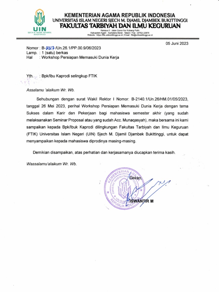 Surat Kegiatan Workshop Memasuki Dunia Kerja | PDF