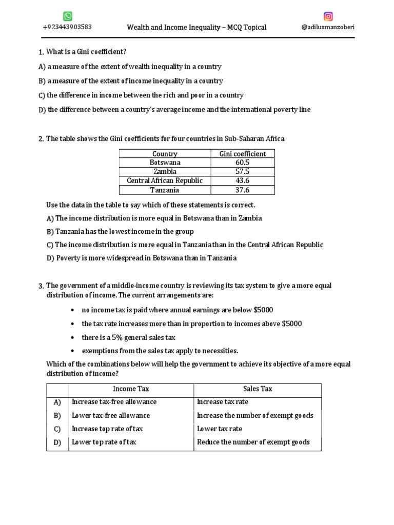 MCQs on Wealth and Income Inequality | PDF | Income Distribution | Taxes