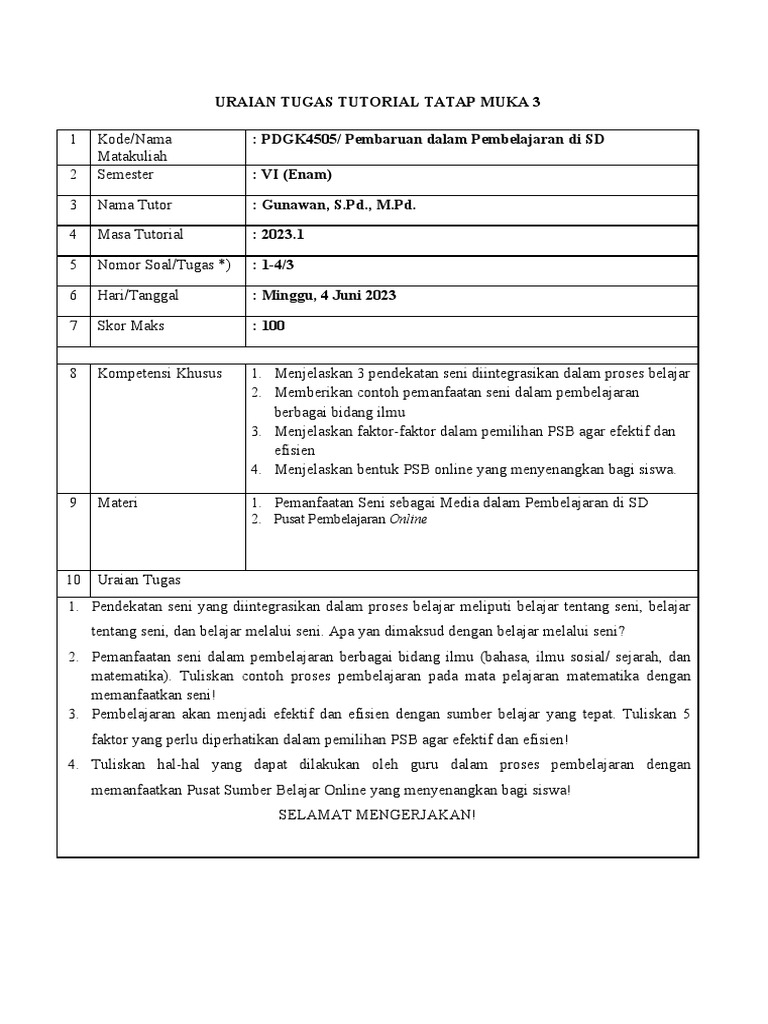 Uraian TTM 3 Semester 6 | PDF | Karier & Perkembangan | Seni