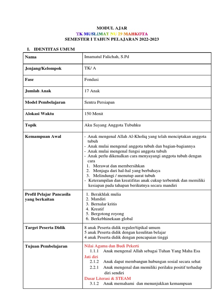 Contoh modul ajar PAUD Merdeka | PDF