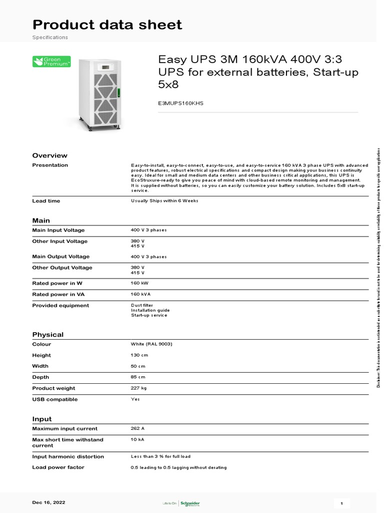 Easy UPS 3M 160kVA Specifications | PDF | Electrical Engineering ...