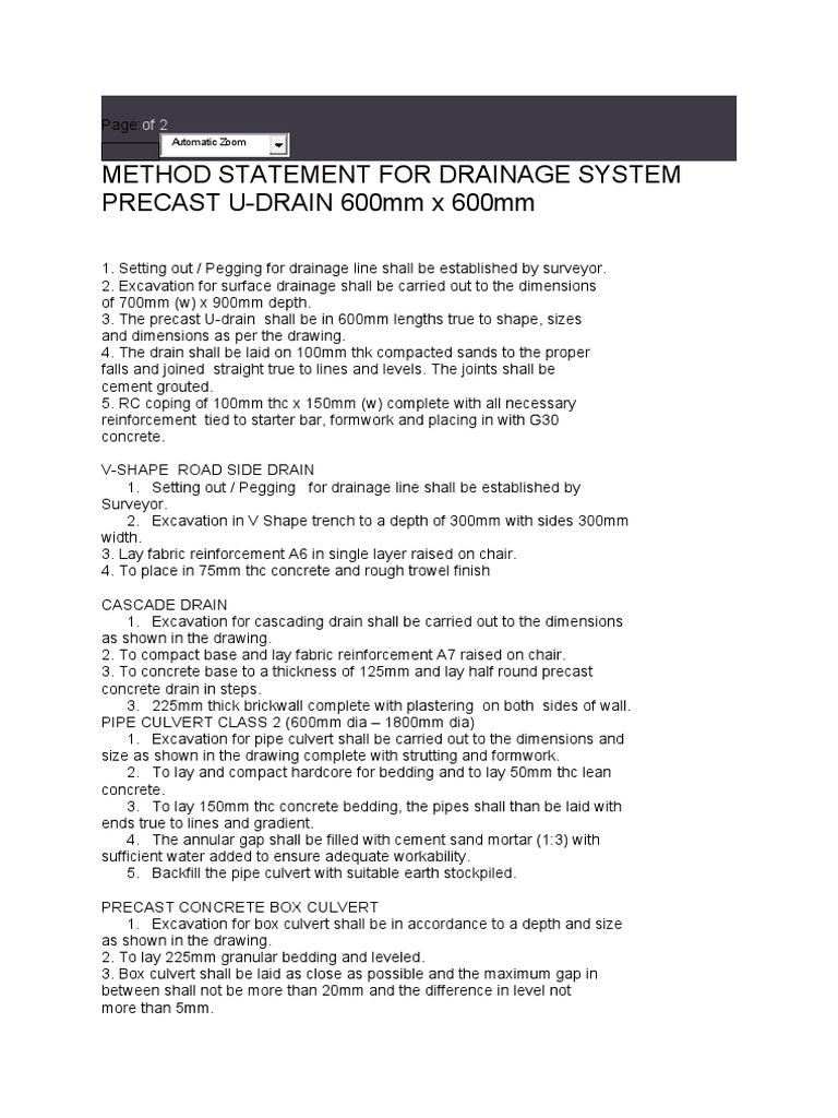 Method Statement For Drainage System | PDF