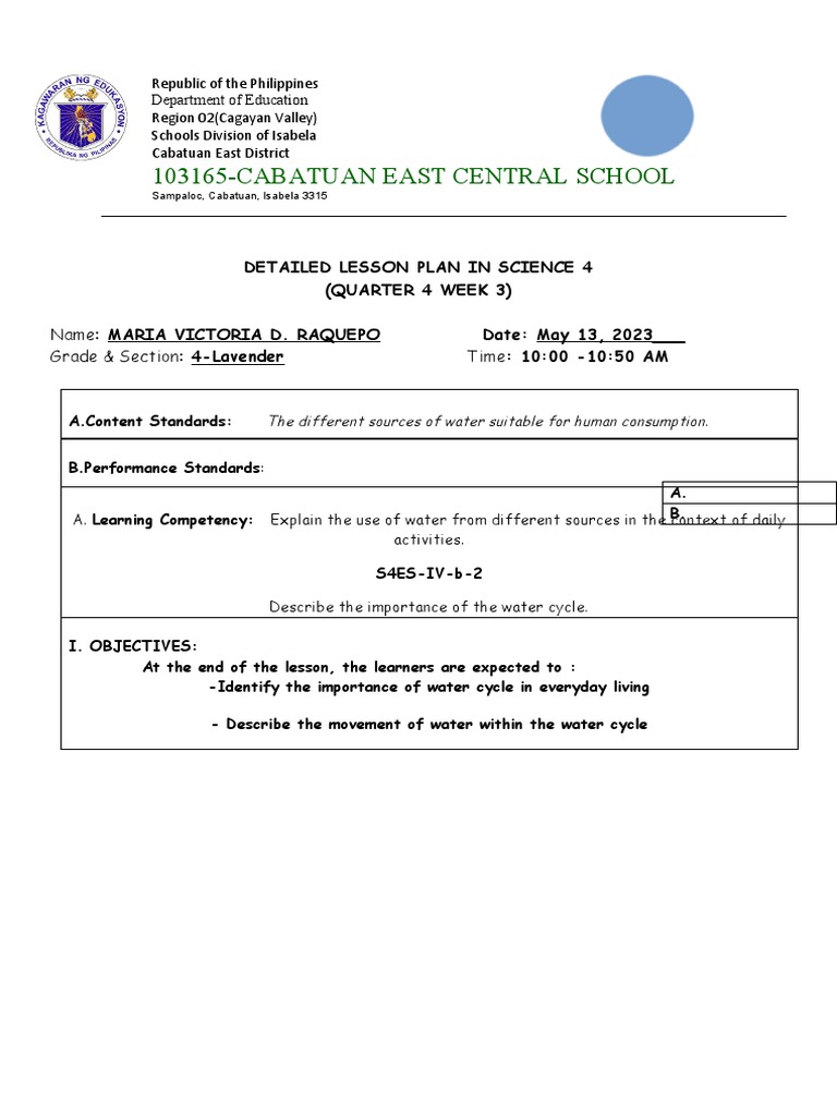 Cot 1 Q4 W2 Dlp-Sci4 - MDR | PDF | Water | Water Cycle
