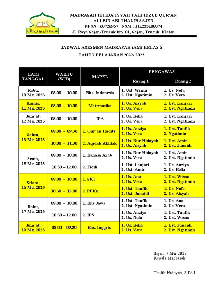 Jadwal Pengawas Asesmen Madrasah 2022-2023 | PDF