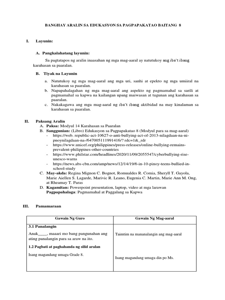 Lesson Plan Ms. Baguio Grade 8 B Esp | PDF