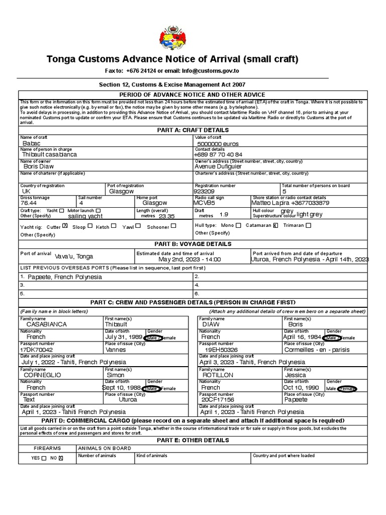 Tonga Small Craft Arrival Notice | PDF | Yacht | Water Transport