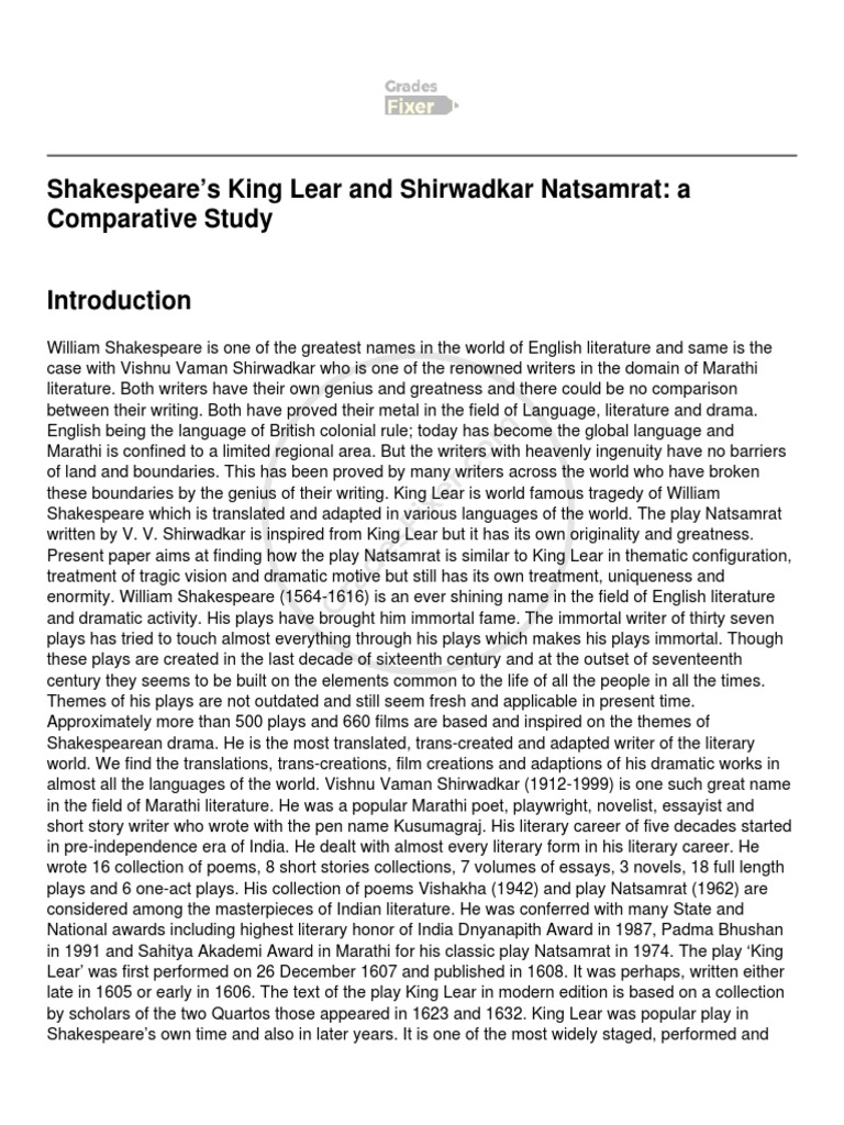 Shakespeare's King Lear and Shirwadkar Natsamrat A Comparative Study ...