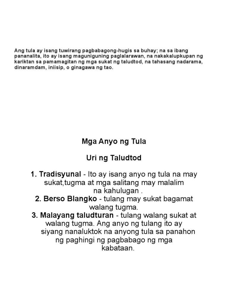 FILIPINO 8- URI NG TULA. | PDF