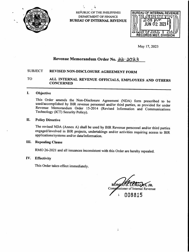 RMO No. 22-2023 Prescribes The Revised Non-Disclosure Agreement Form | PDF