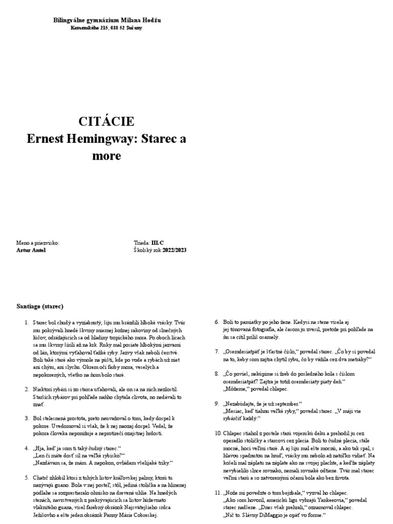 Ernest Hemingway - Starec A More - Citácie | PDF