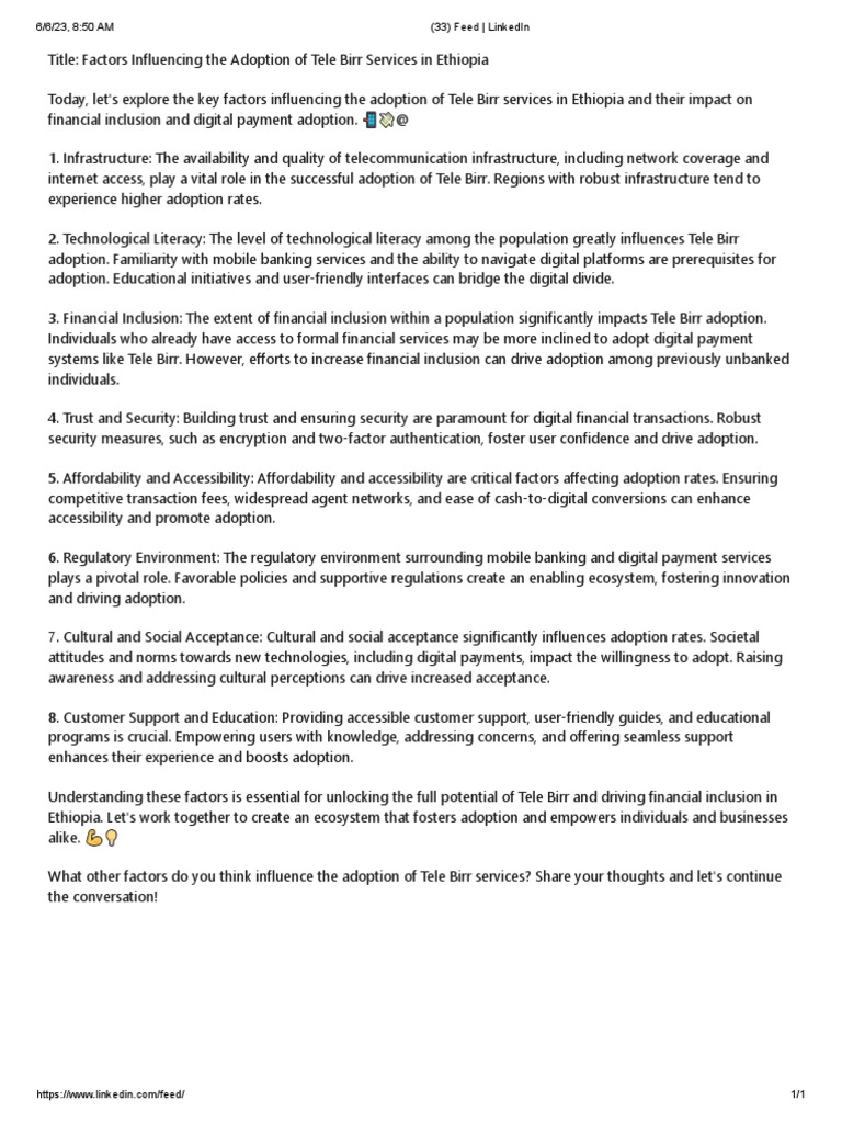 Factors Influencing The Adoption of Tele Birr Services in Ethiopia ...