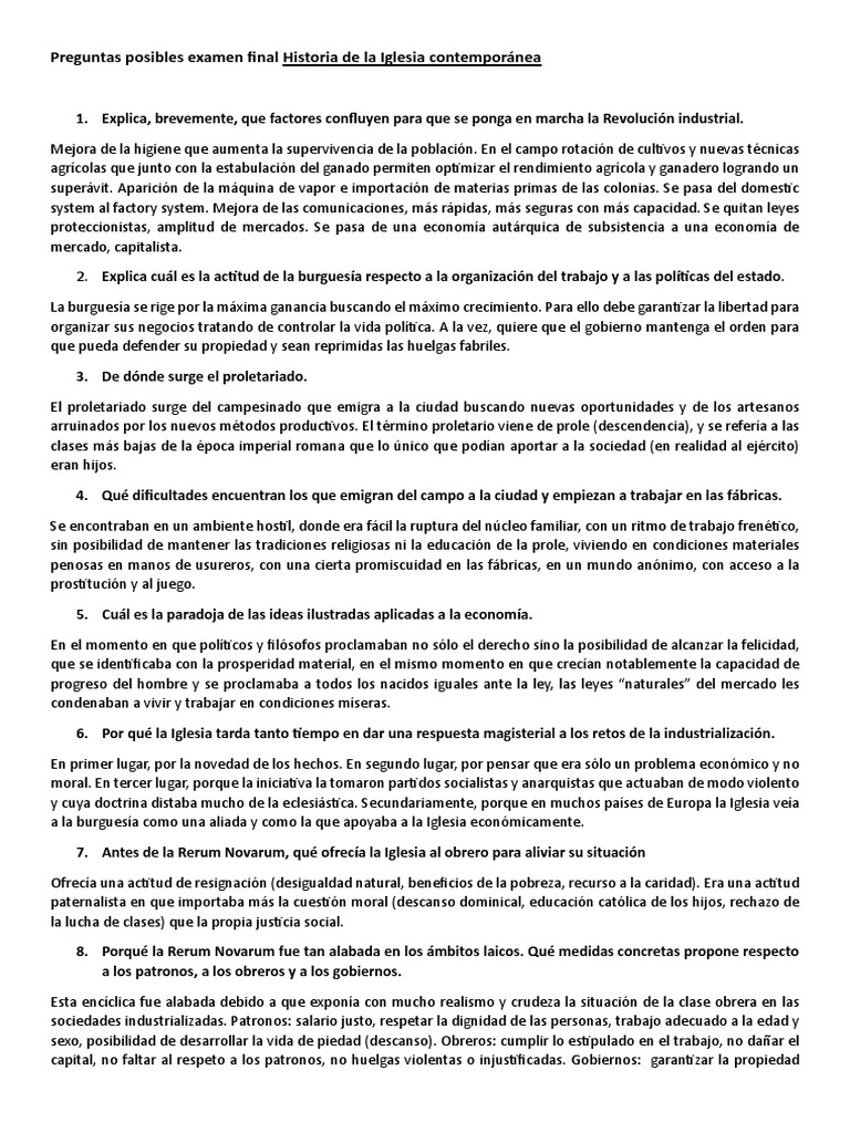 Preguntas Posibles Examen Final Historia de La Iglesia Contemporánea ...
