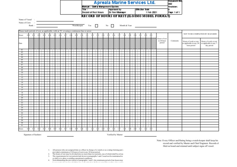 SMS 060 Record of Rest Hours | PDF | Sailor | Shipping