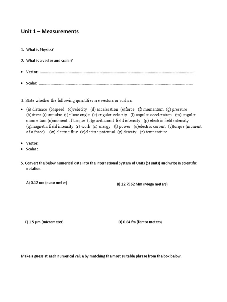 Unit 1 - Measurements | PDF | Force | Velocity