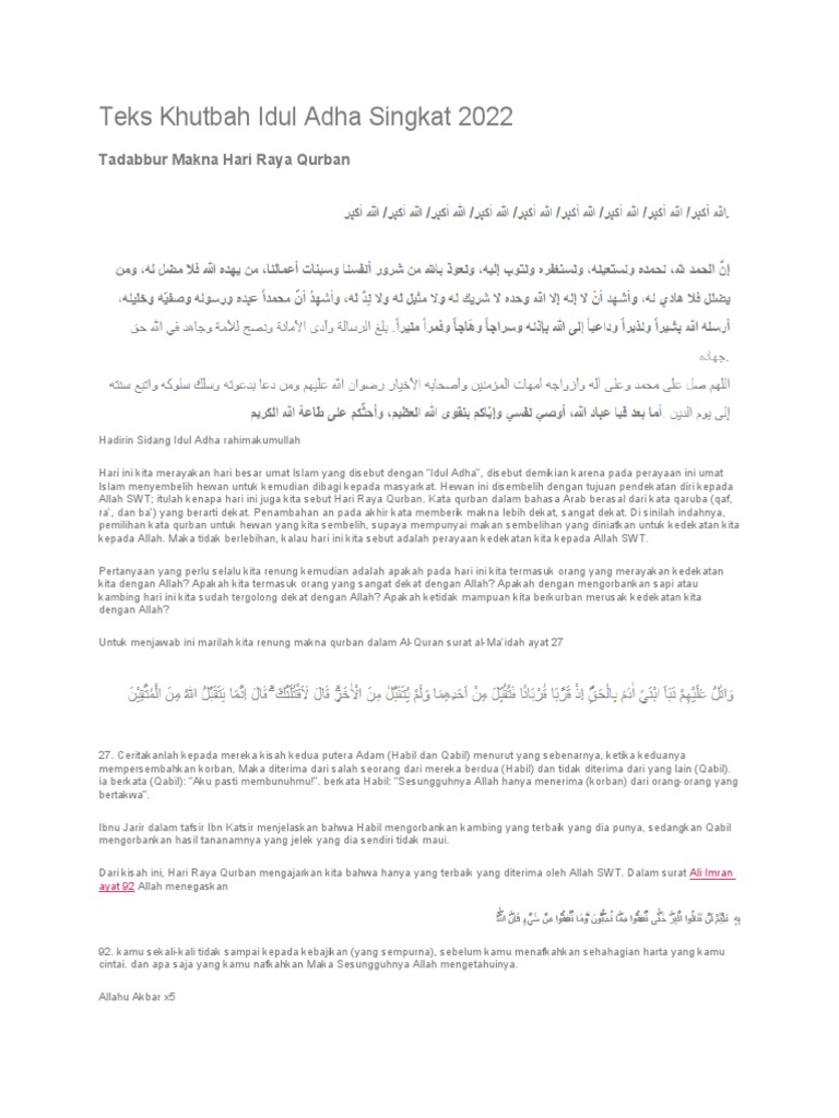 Teks Khutbah Idul Adha Singkat 2022 | PDF