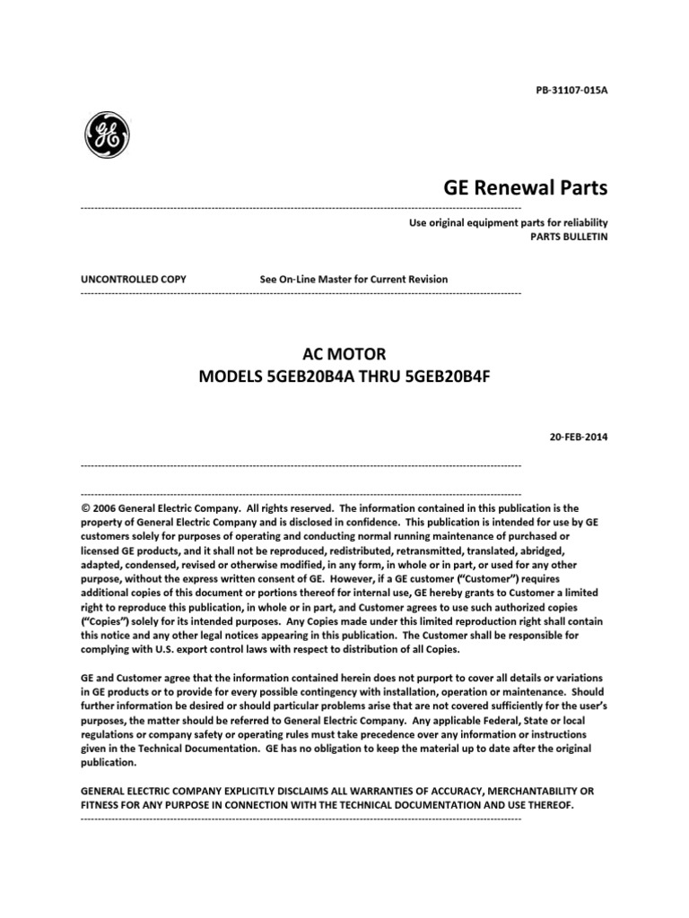 GE Renewal Parts: Ac Motor Models 5Geb20B4A Thru 5Geb20B4F | PDF ...