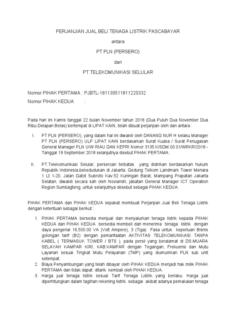 Perjanjian Jual Beli Listrik Pascabayar | PDF
