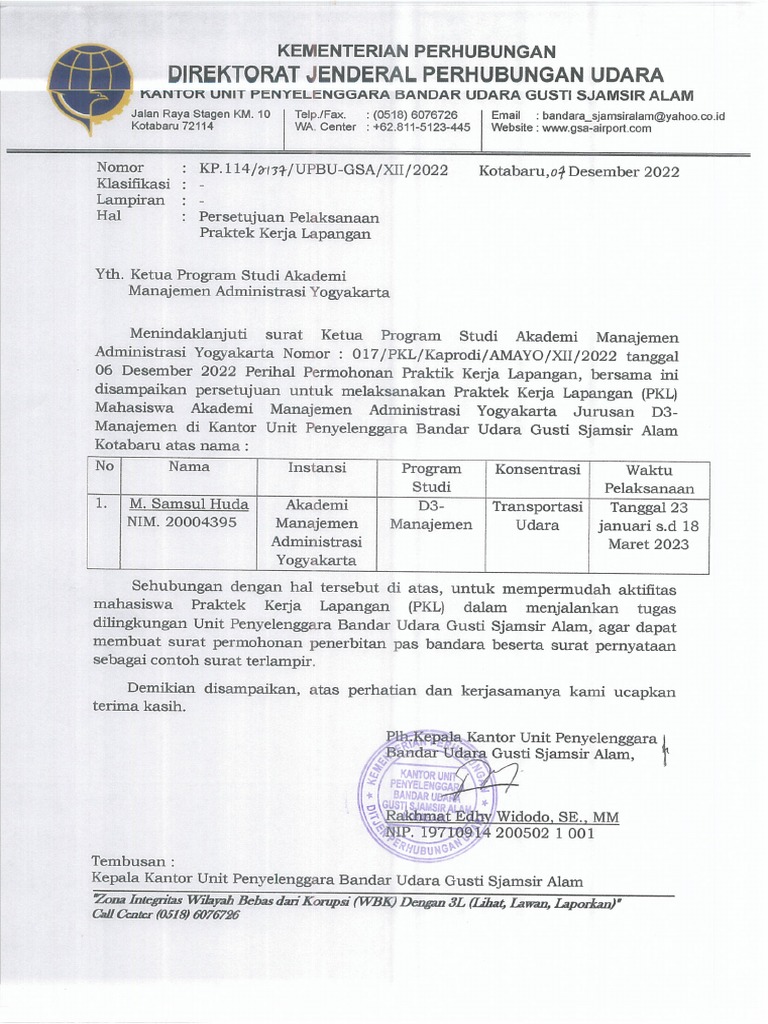 Surat Persetujuan Permohonan Praktek Kerja Lapangan (PKL) | PDF