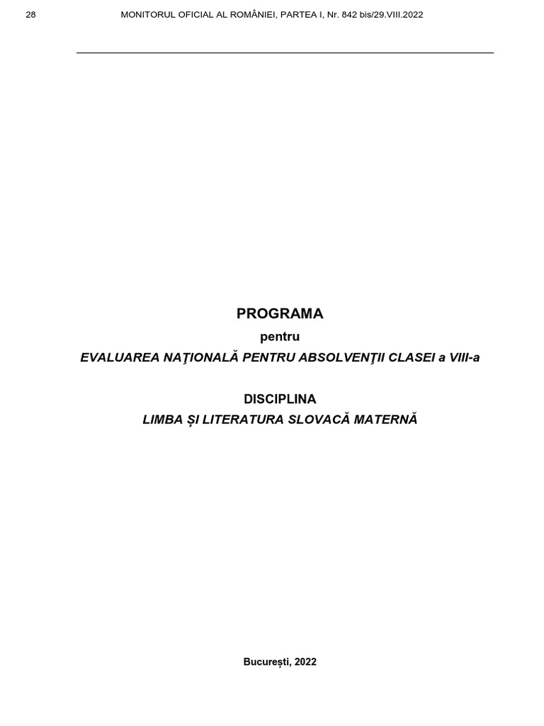 Programa Evaluare Nationala 2023 Pentru Limba Si Literatura Slovaca | PDF