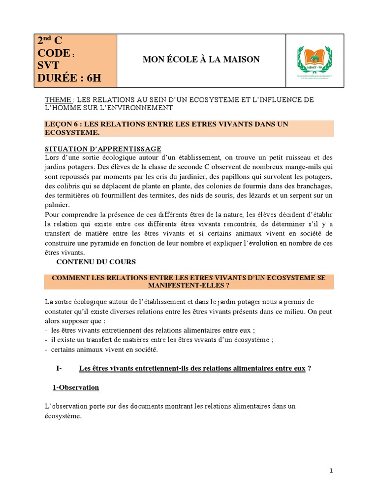 SVT 2nd C - L6 - Les Relations Entre Les Etres Vivants Dans Un ...