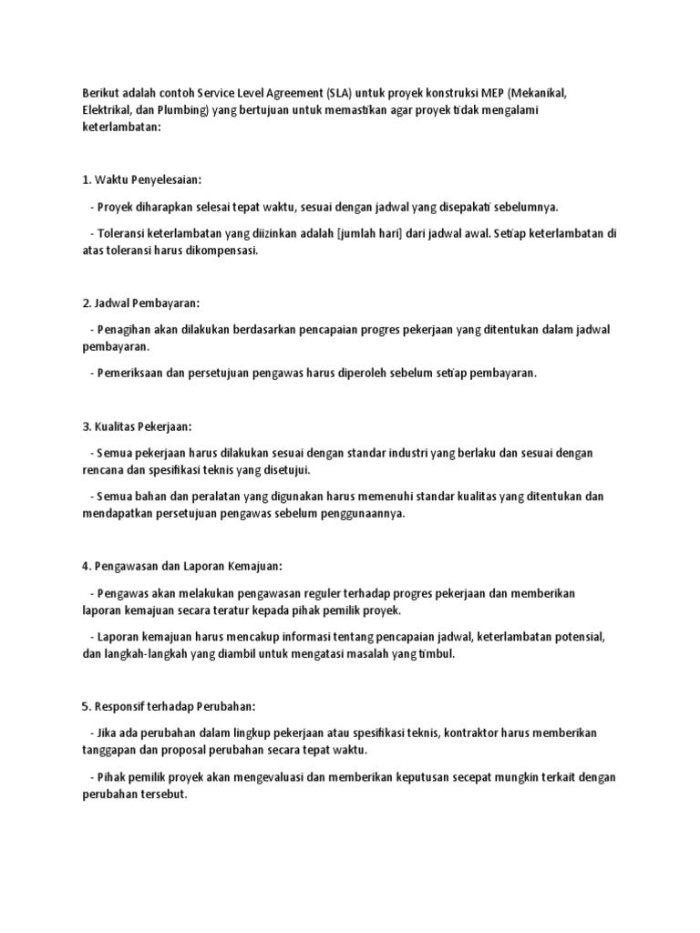 Contoh SLA Proyek Konstruksi MEP | PDF | Teknologi & Rekayasa