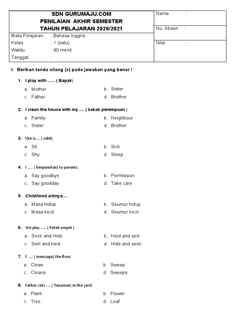 Soal Pas Kelas 1 | PDF