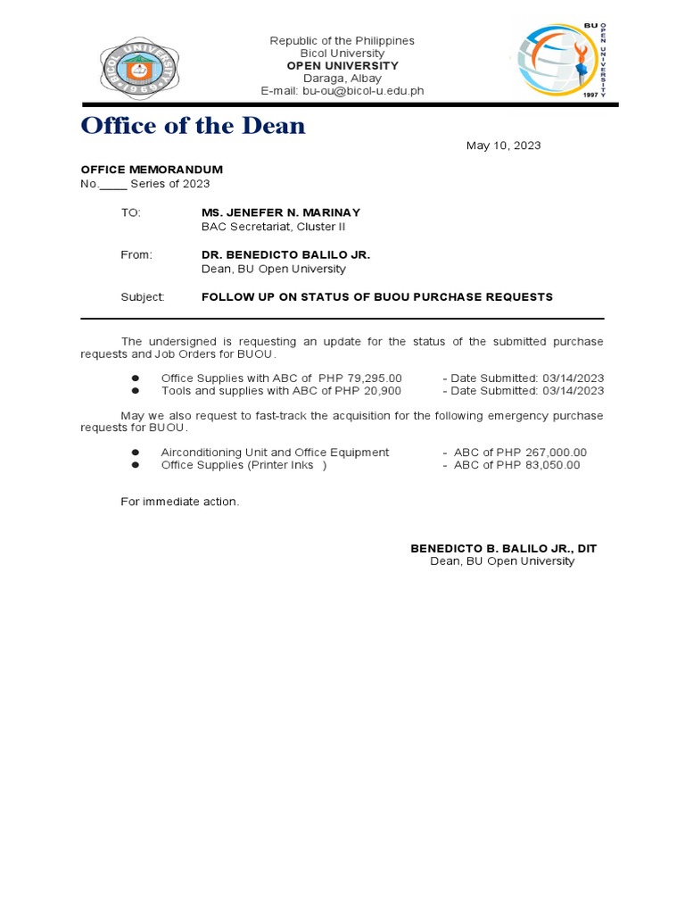 Office Memorandum 72 - Follow Up On Purchase Requests | PDF
