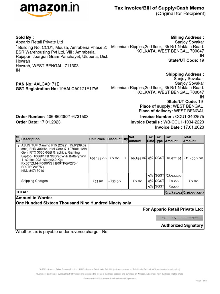 Asus Laptop | PDF | Payments | Invoice