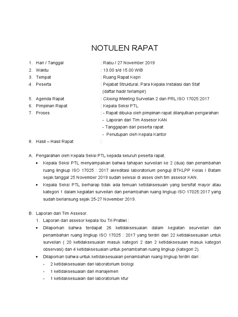 Notulen Closing Meeting Surveilans 2 Dan PRL Iso 17025 2019 | PDF