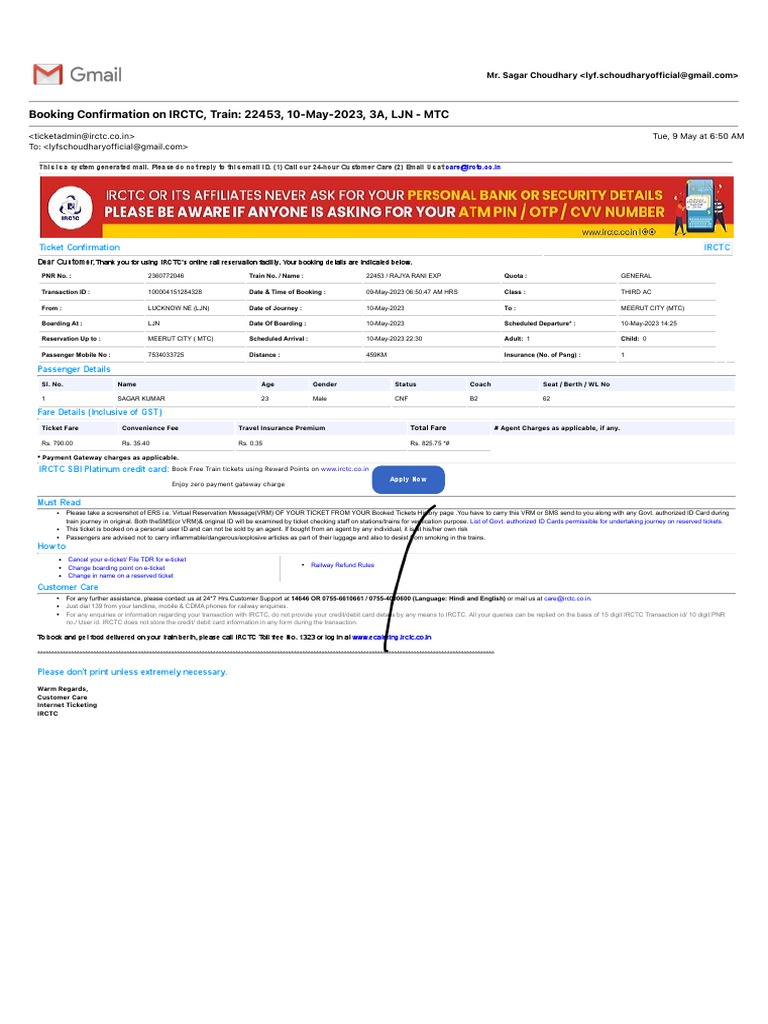 Booking Confirmation On IRCTC, Train: 22453, 10-May-2023, 3A, LJN - MTC ...