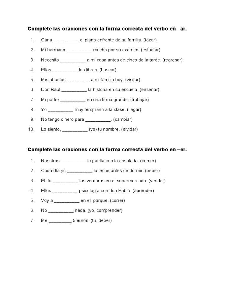 Ejercicios Verbos Regulares y Irregulares | PDF