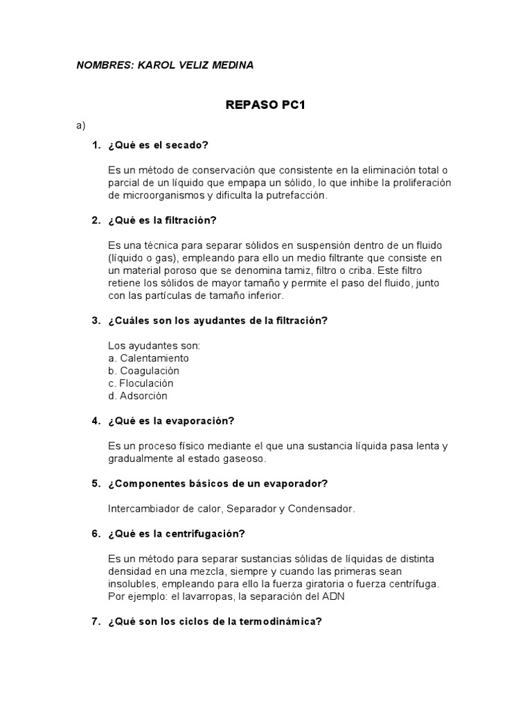 Repaso PC1 Operaciones Unitarias | PDF | Filtración | Vapor