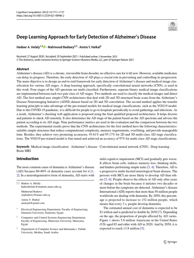 Deep Learning Approach For Early Detection of Alzheimer's Disease | PDF ...