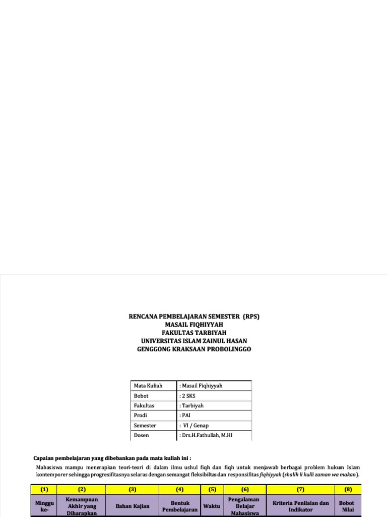 PDF Rps Mata Kuliah Masailul Fiqhiyyah - Compress | PDF