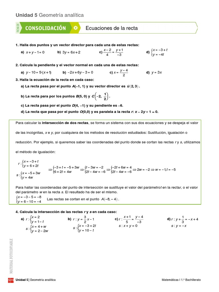 1ºBCT T6 01 Ecuaciones de La Recta | PDF | Línea (geometría) | Sistema de ecuaciones lineales