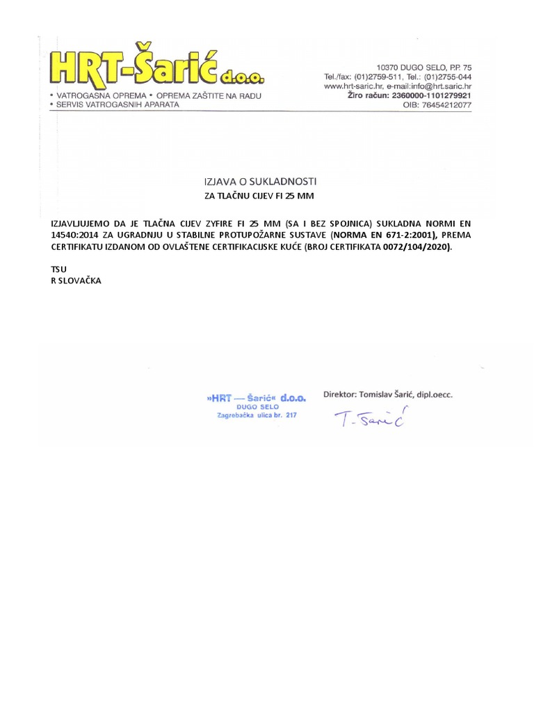 Cijev Fi25-Hrt-Izjava o Sukladnosti | PDF