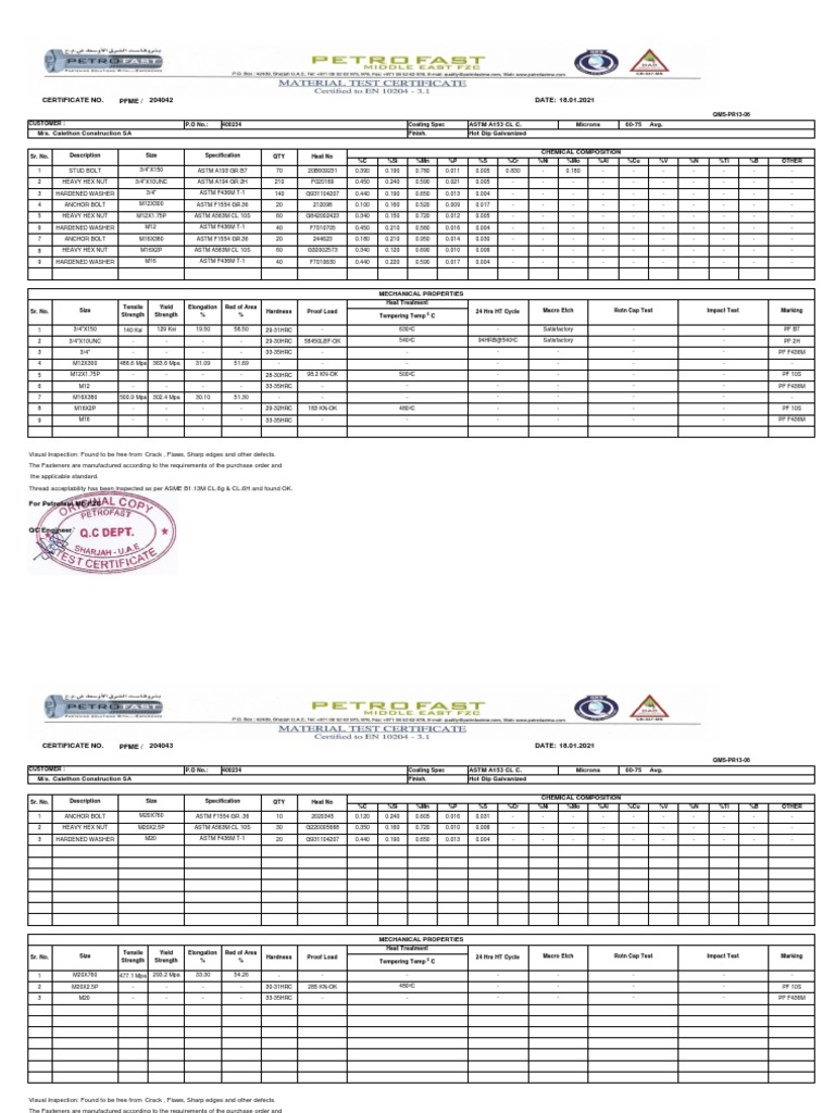 Petrofast MTC 3.1 PO-400234 Anchor Bolts - Option F | PDF | Strength Of Materials | Screw